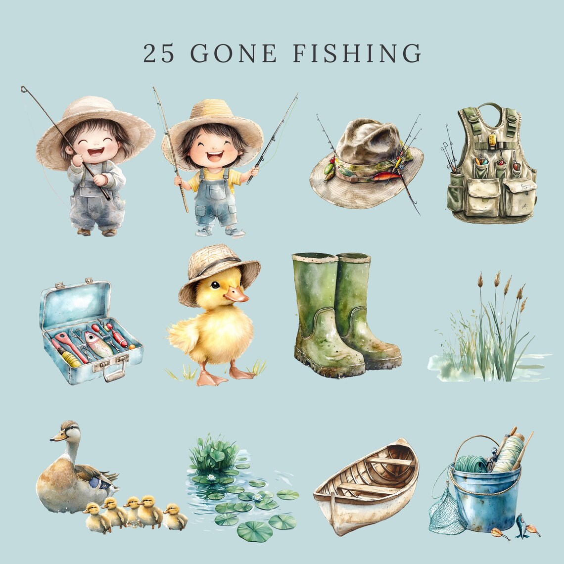 Watercolor Fishing Clip Art Bundle – Cute Kids Fishing, Fish, Poles ...