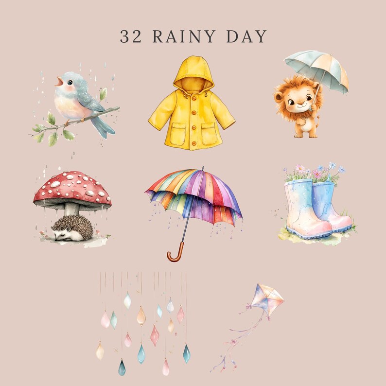 Dreamy Rainy Day Baby Shower Clip Art - Watercolor Umbrellas, Rain ...