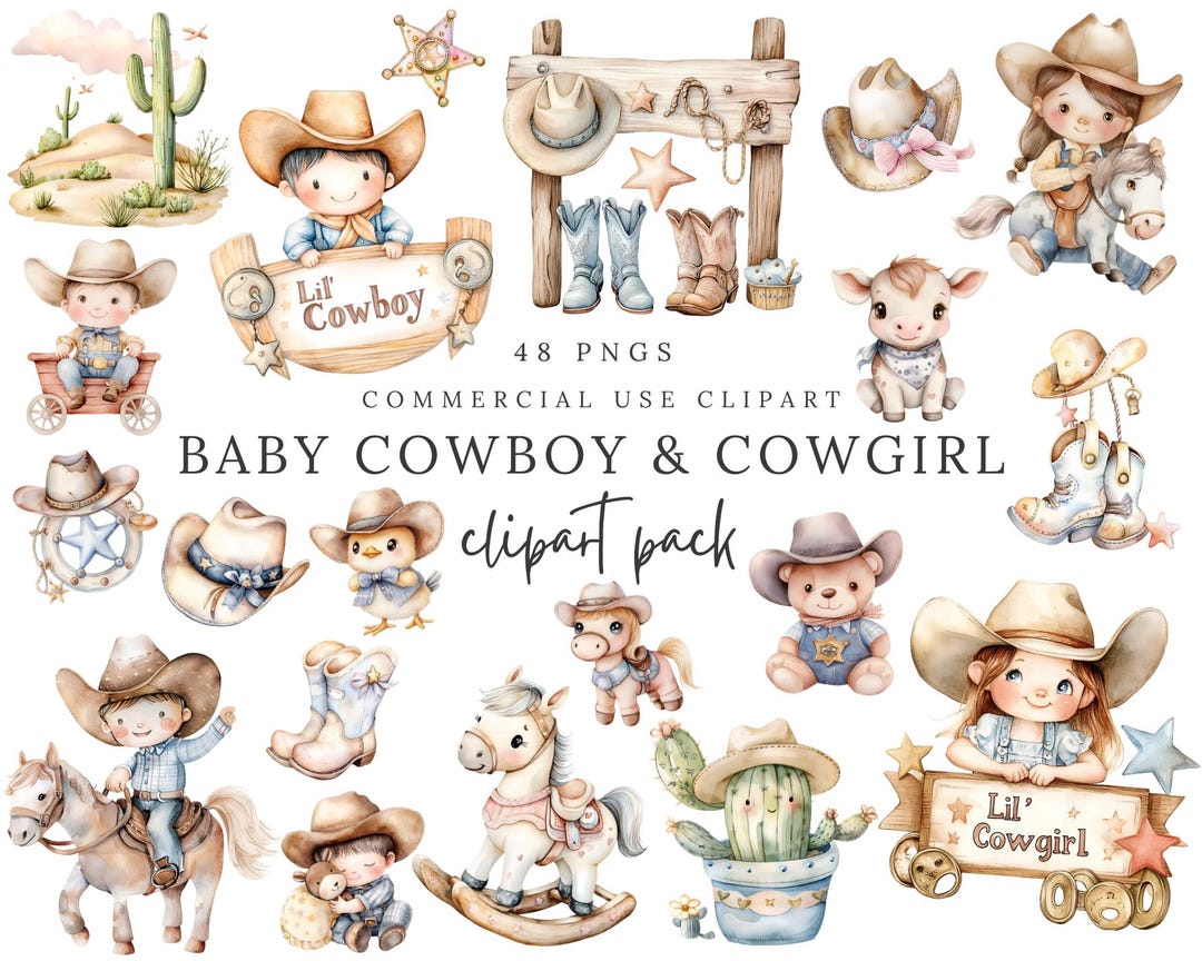 Baby Cowboy and Cowgirl Clip Art Bundle - Western Nursery Watercolor ...