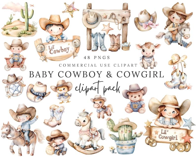 Baby Cowboy and Cowgirl Clip Art Bundle - Western Nursery Watercolor ...