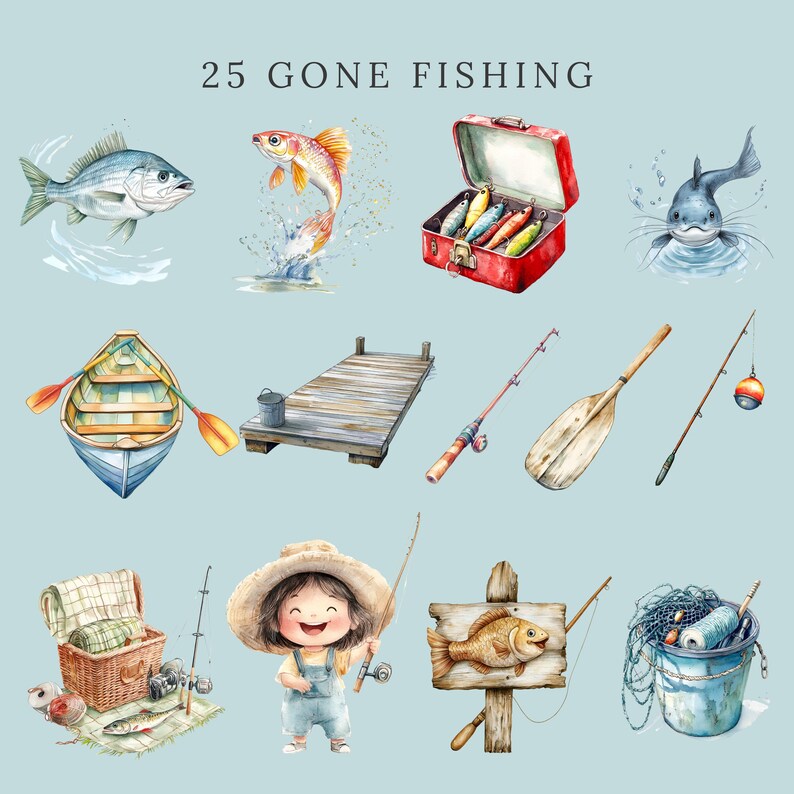 Watercolor Fishing Clip Art Bundle – Cute Kids Fishing, Fish, Poles ...