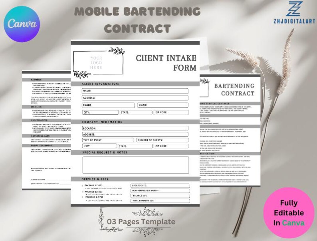 Mobile Bartender Contract Template Canva, Wedding Bar Service Agreement ...
