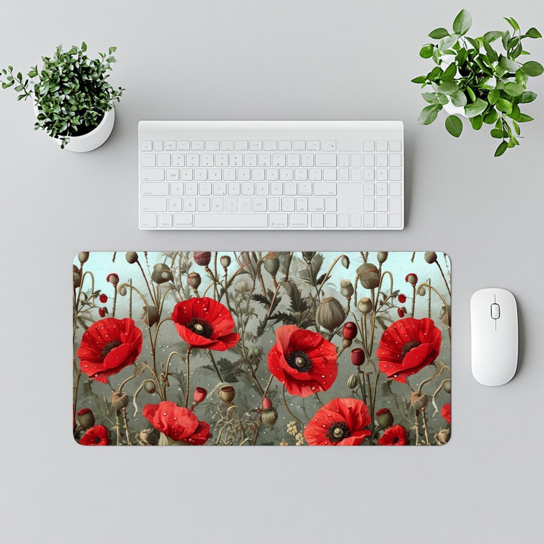 Poppy PC Desk Mat, Floral Desk Pad, Red Flower Workspace Mat, Computer ...