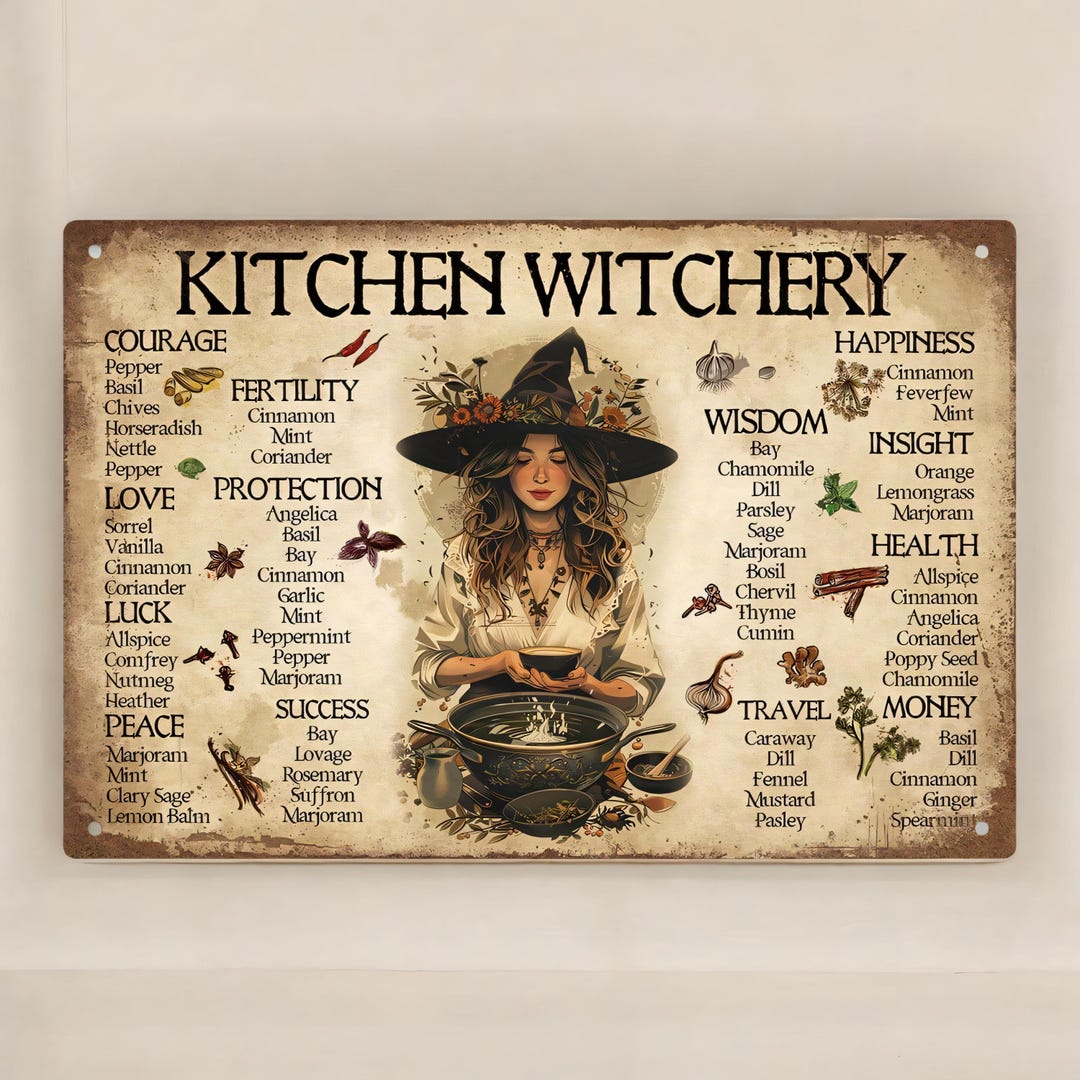 Kitchen Witch Metal Tin Sign – Herbal Wall Decor, Farmhouse Kitchen Art ...