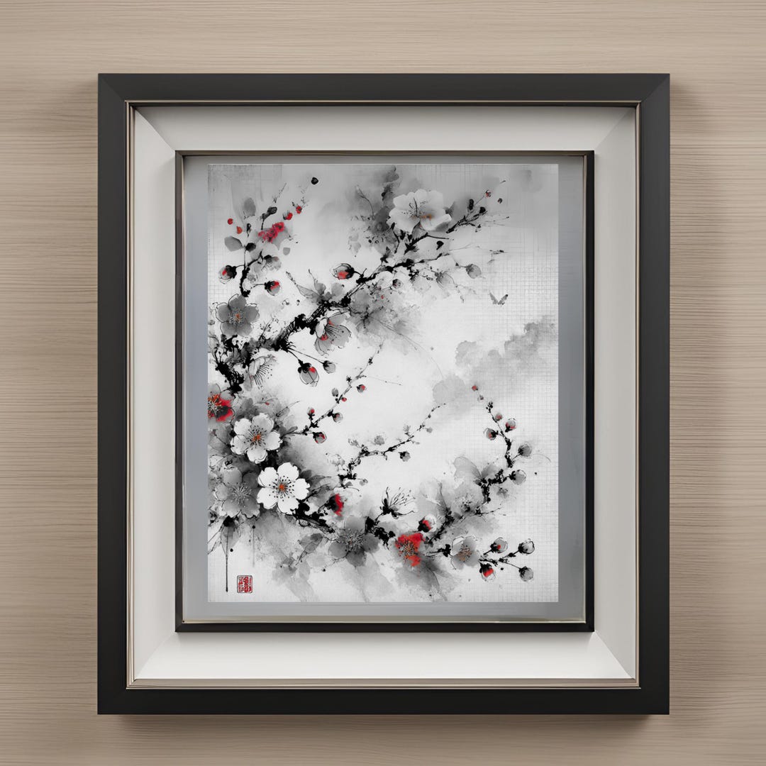 Japanese Cherry Blossom Sumi-e Art Print, Traditional Ink Wash Painting ...