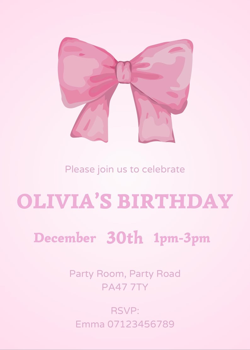 Girls Pink Bow Birthday Party Invitation - Etsy