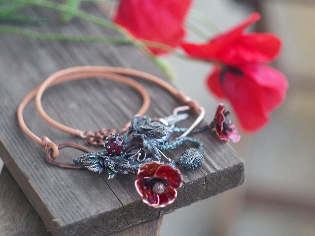 Electroformed Copper Poppy Necklace: Resin Flower, Leather Cord - Etsy