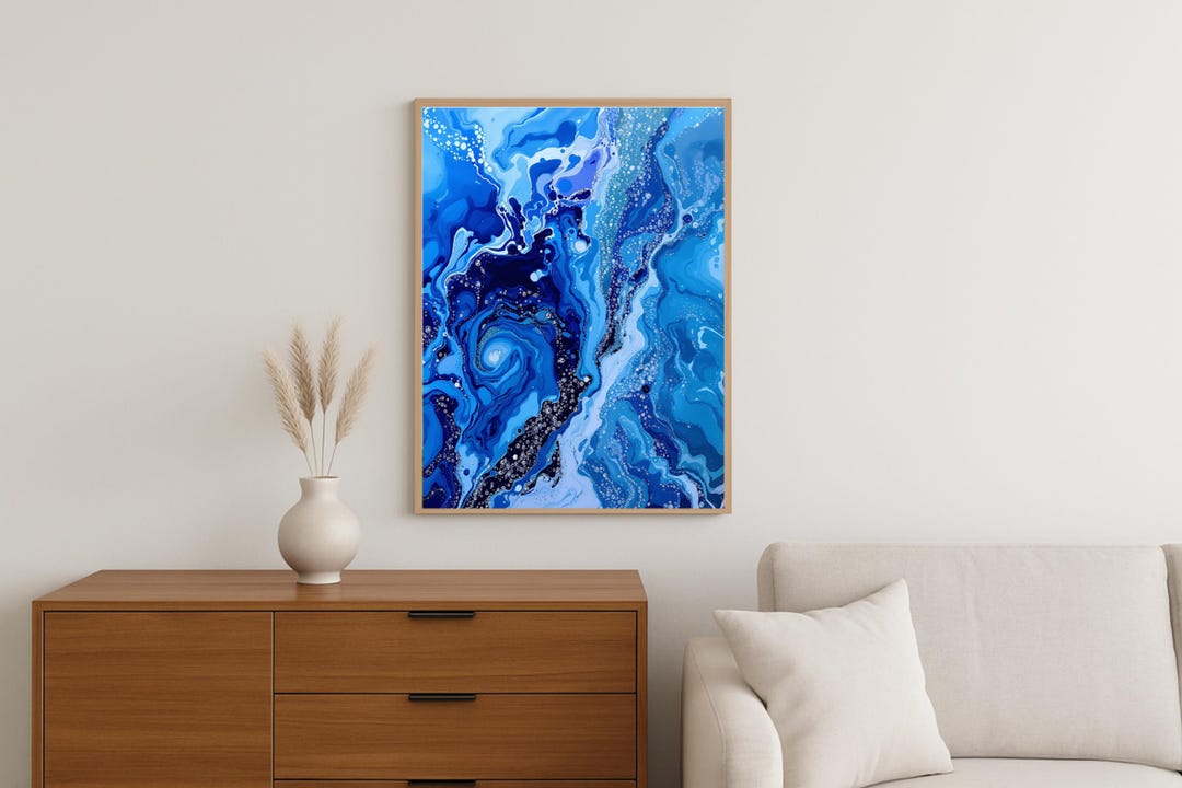 Oceanic Blue Abstract Art Print: Swirl Pour Painting (digital Download ...