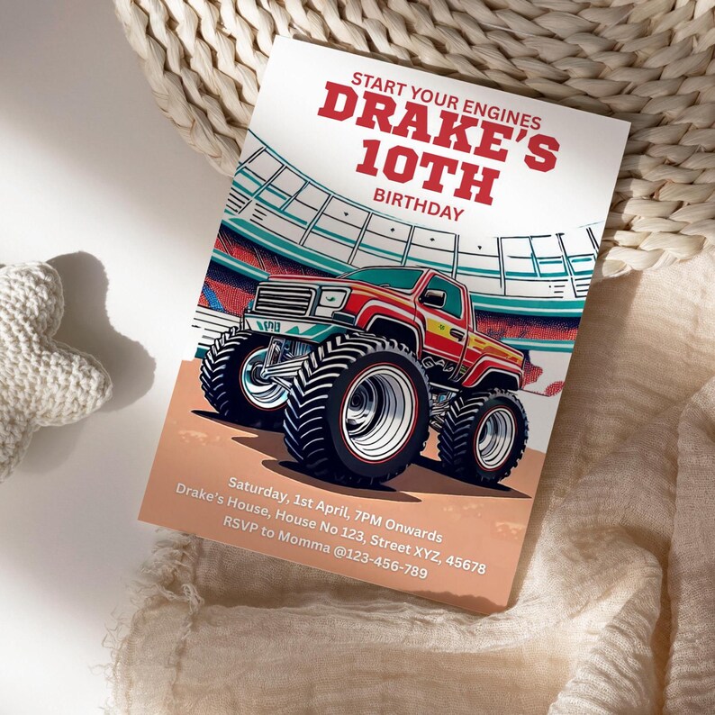 Editable Monster Truck Birthday Invitation, Monster Truck Invitation ...