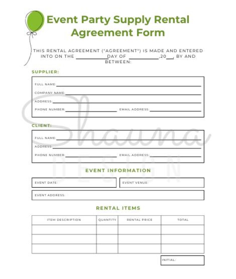 Customizable Event Rental Agreement Form | Fillable PDF Template ...