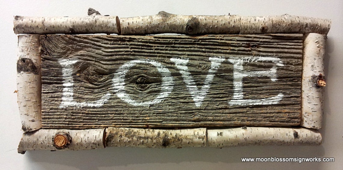 Rustic Love Sign Painted on Barn Wood Framed With Birch Branches - Etsy