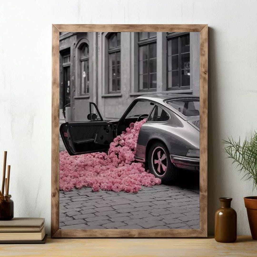 Car Pink Flowers Print - Black and White Print - Porsche Print, Classic ...