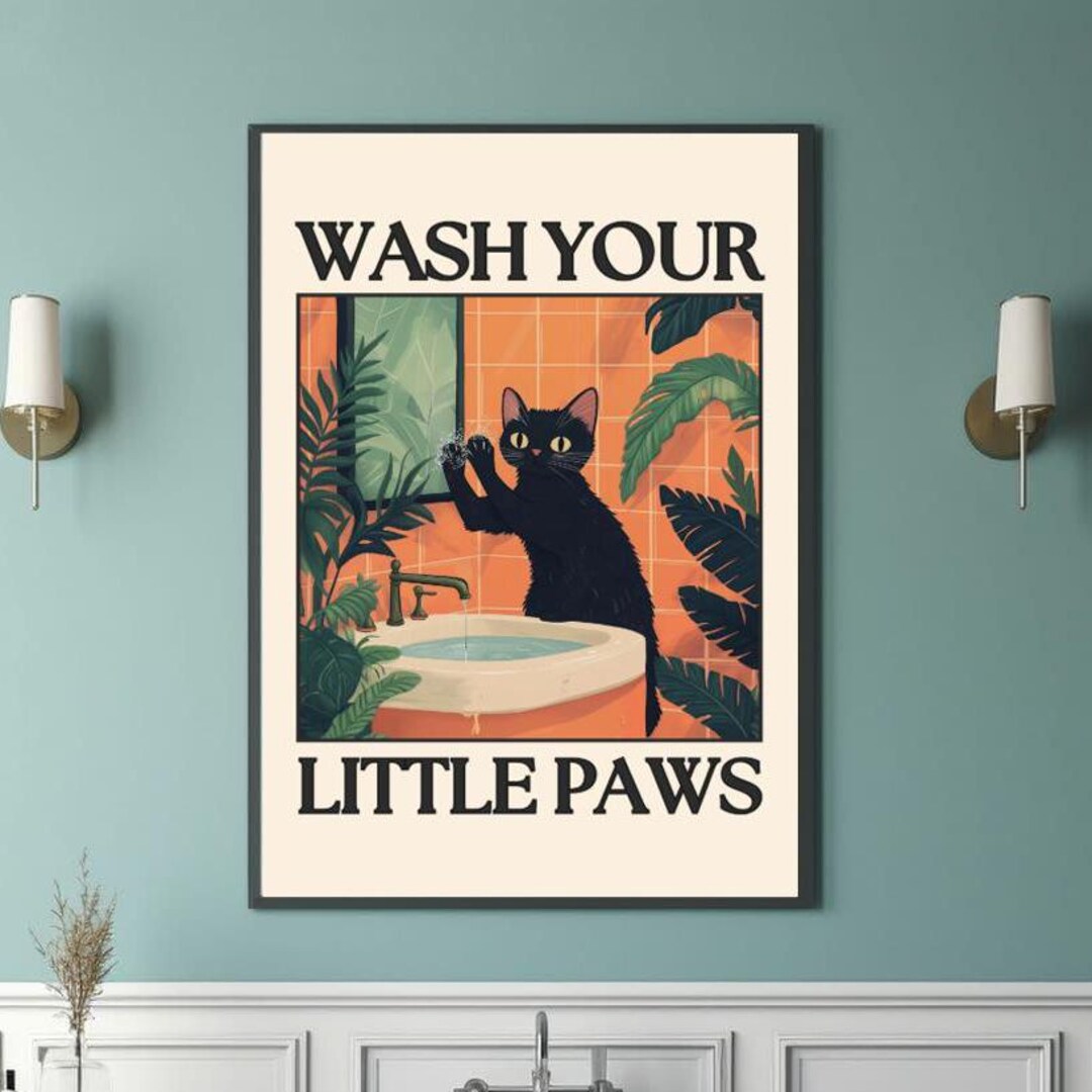 Wash Your Little Paws Print, Funny Bathroom Digital Print, Black Cat ...