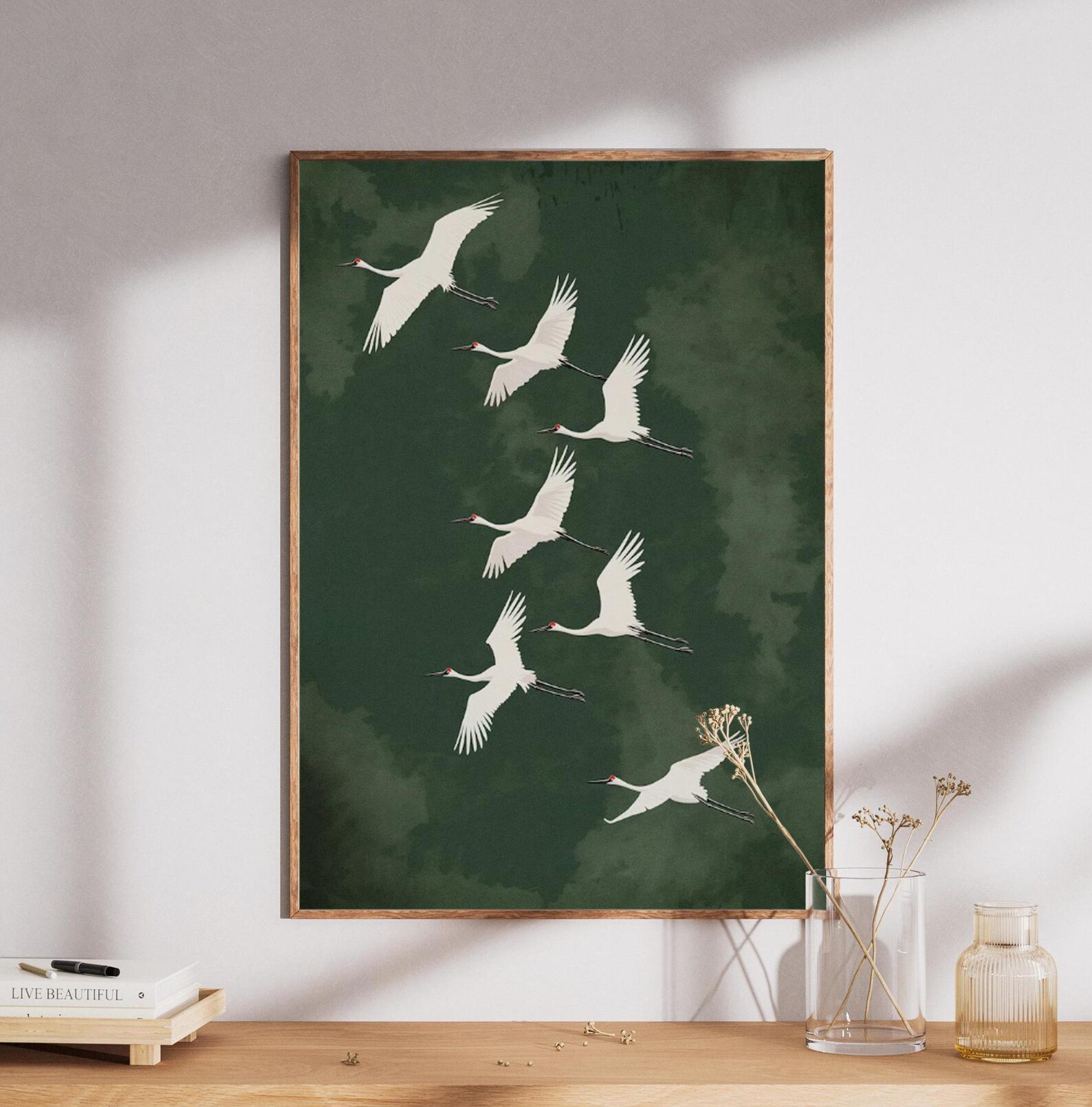 Flying Cranes Japandi Style Print Green White Bird Image PRINTABLE ...