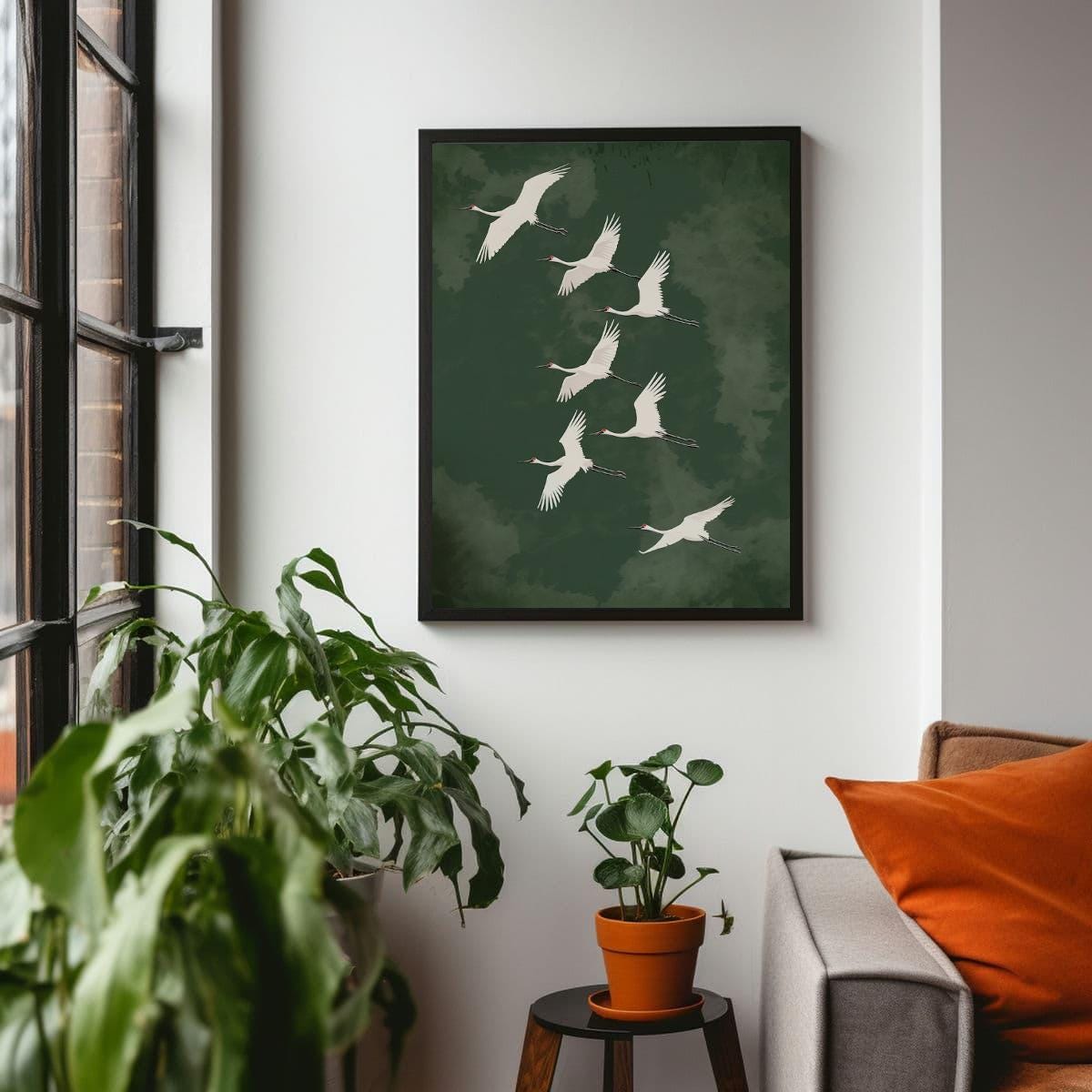 Flying Cranes Japandi Style Print Green White Bird Image PRINTABLE ...