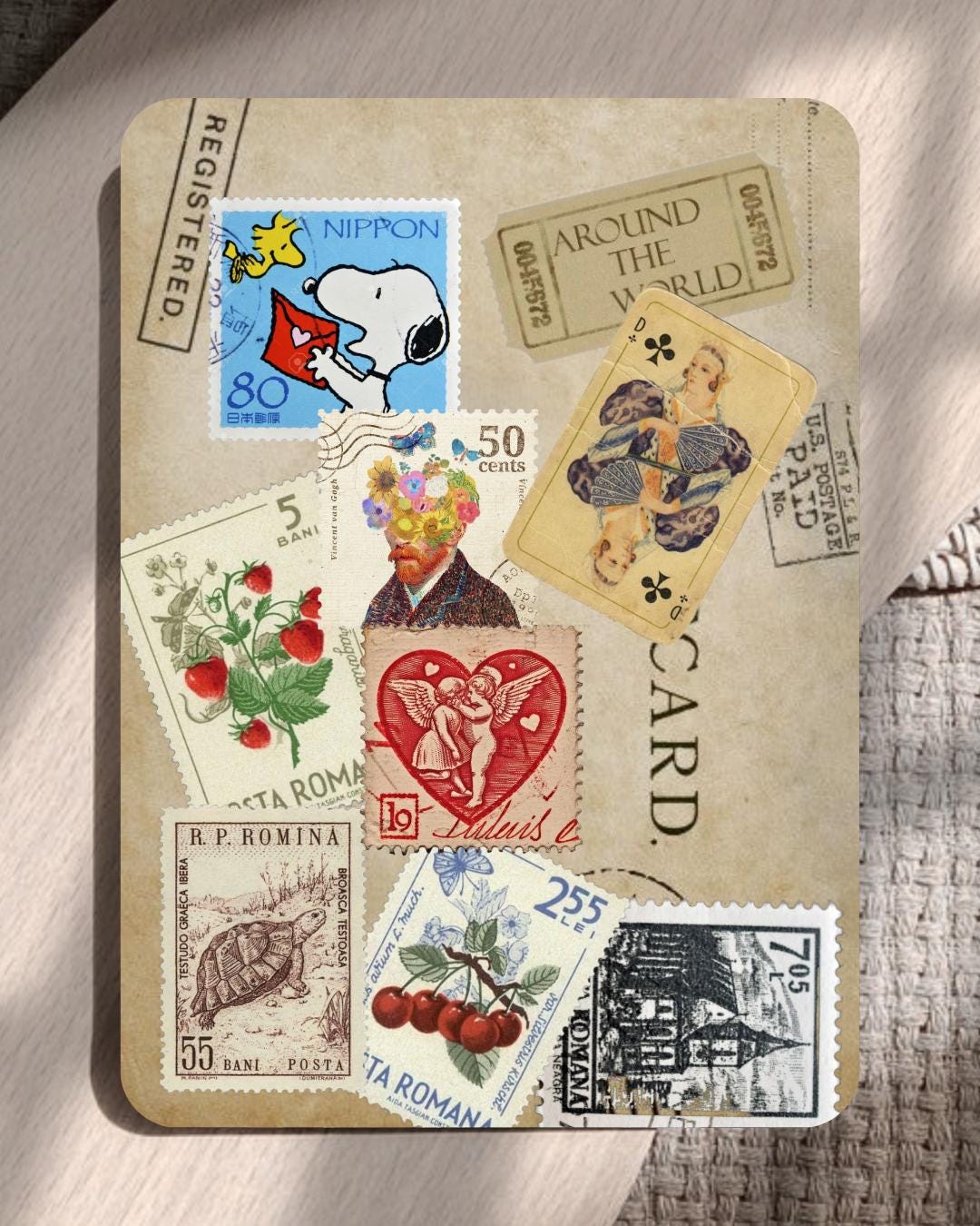 Vintage Postage Stamp Kindle Insert: Retro Travel & Snoopy Design ...