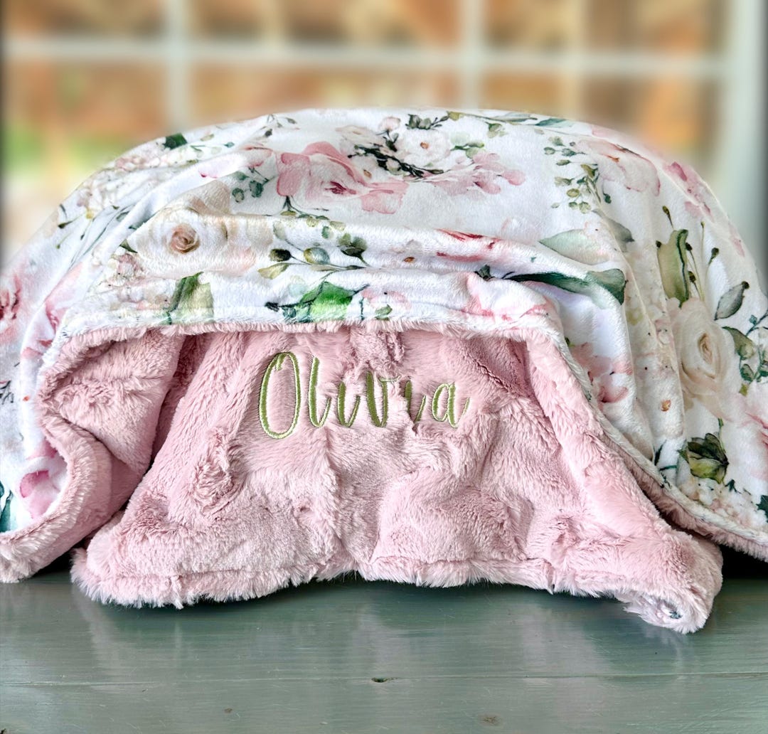 Personalized Baby Blanket, Pink Floral Minky Baby Blanket, Baby Gift ...