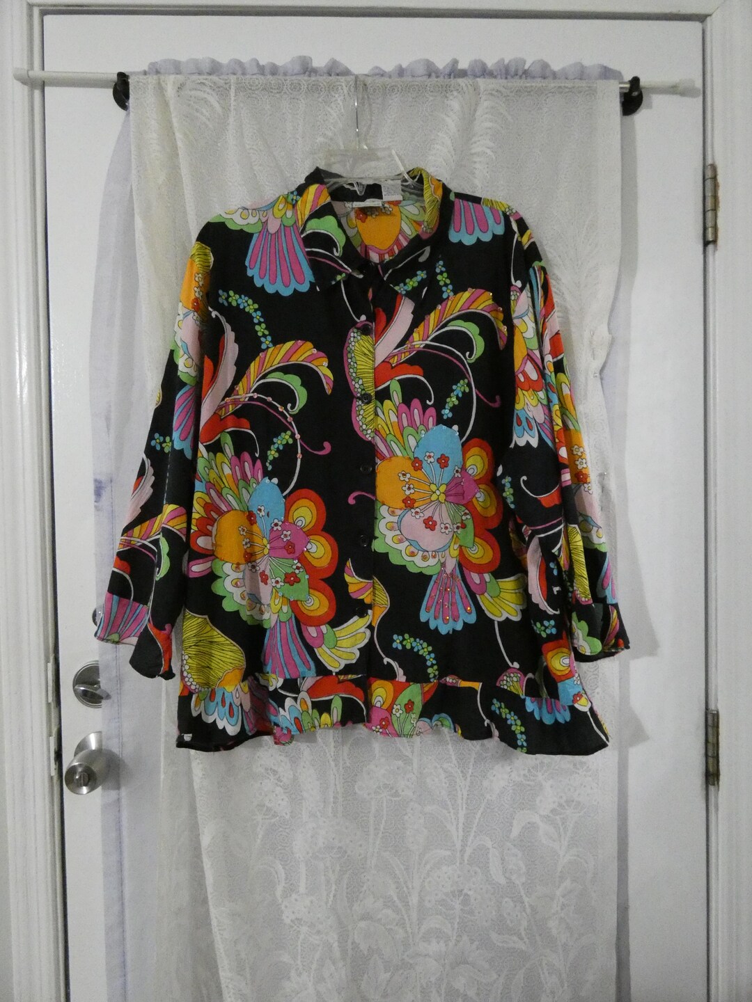 Vintage Carolina Colours, Colorful Button up Blouse, Black With ...
