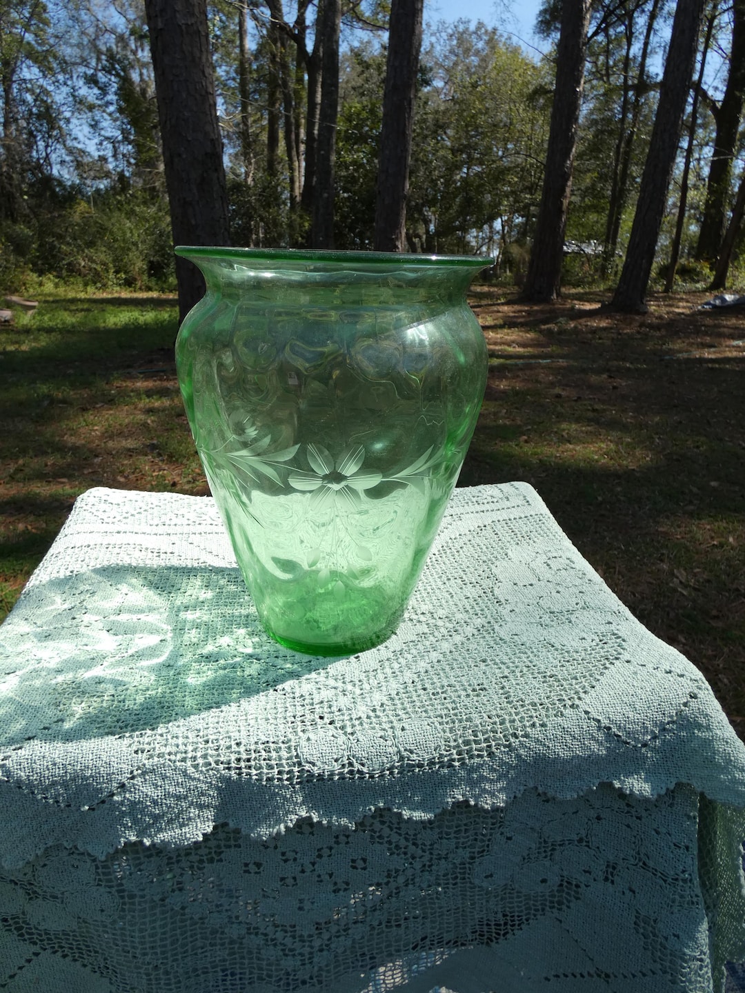 Vintage Fostoria, Brocade, Green Glass Vaseline Vase, Flower Pattern - Etsy