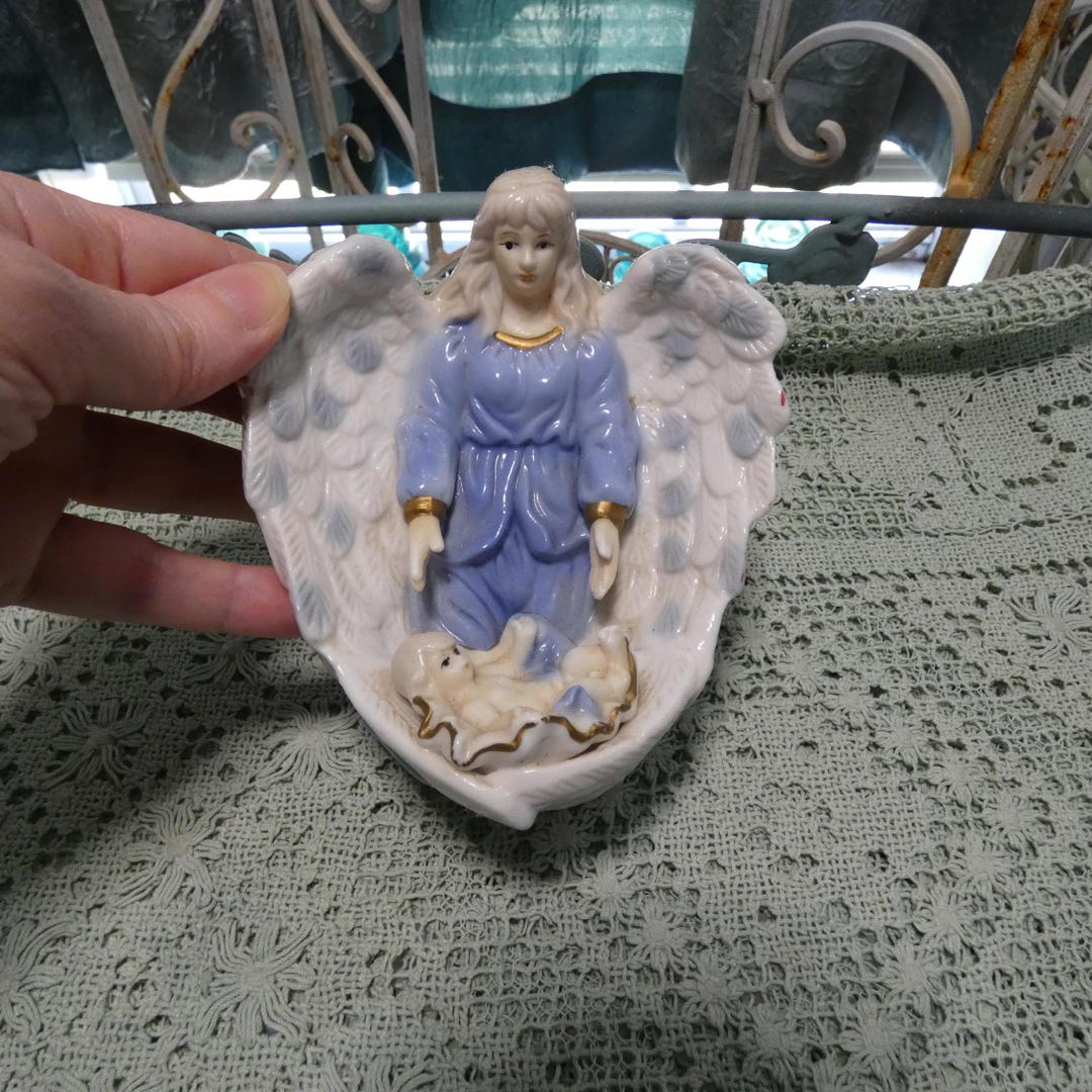 Vintage Ceramic Blue and White Guardian Angel Figurine, Angel is ...