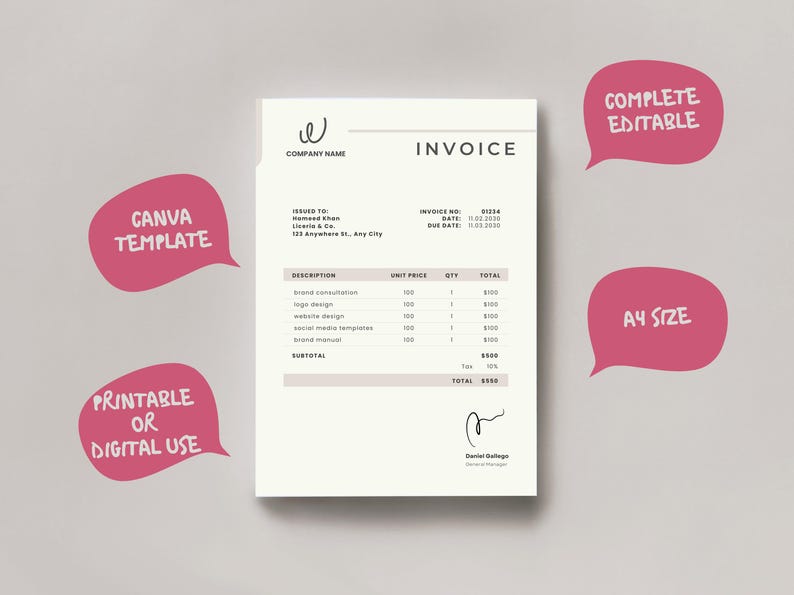Editable Canva Invoice Template | Minimalist Business Billing ...