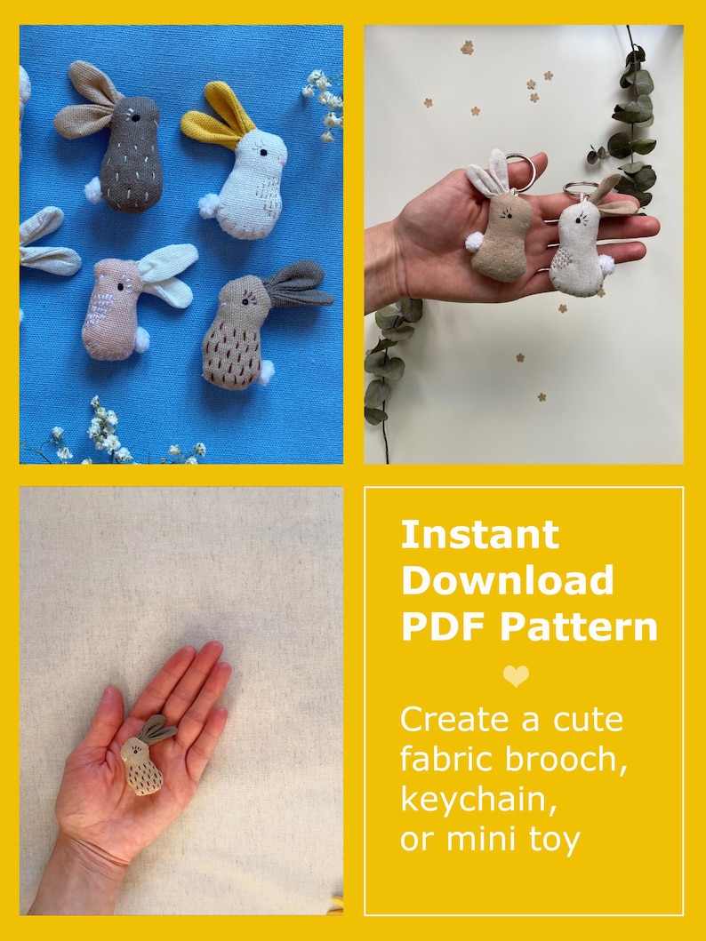 Mini Bunny Sewing Pattern PDF - Fabric Rabbit Brooch Pin & Keychain ...