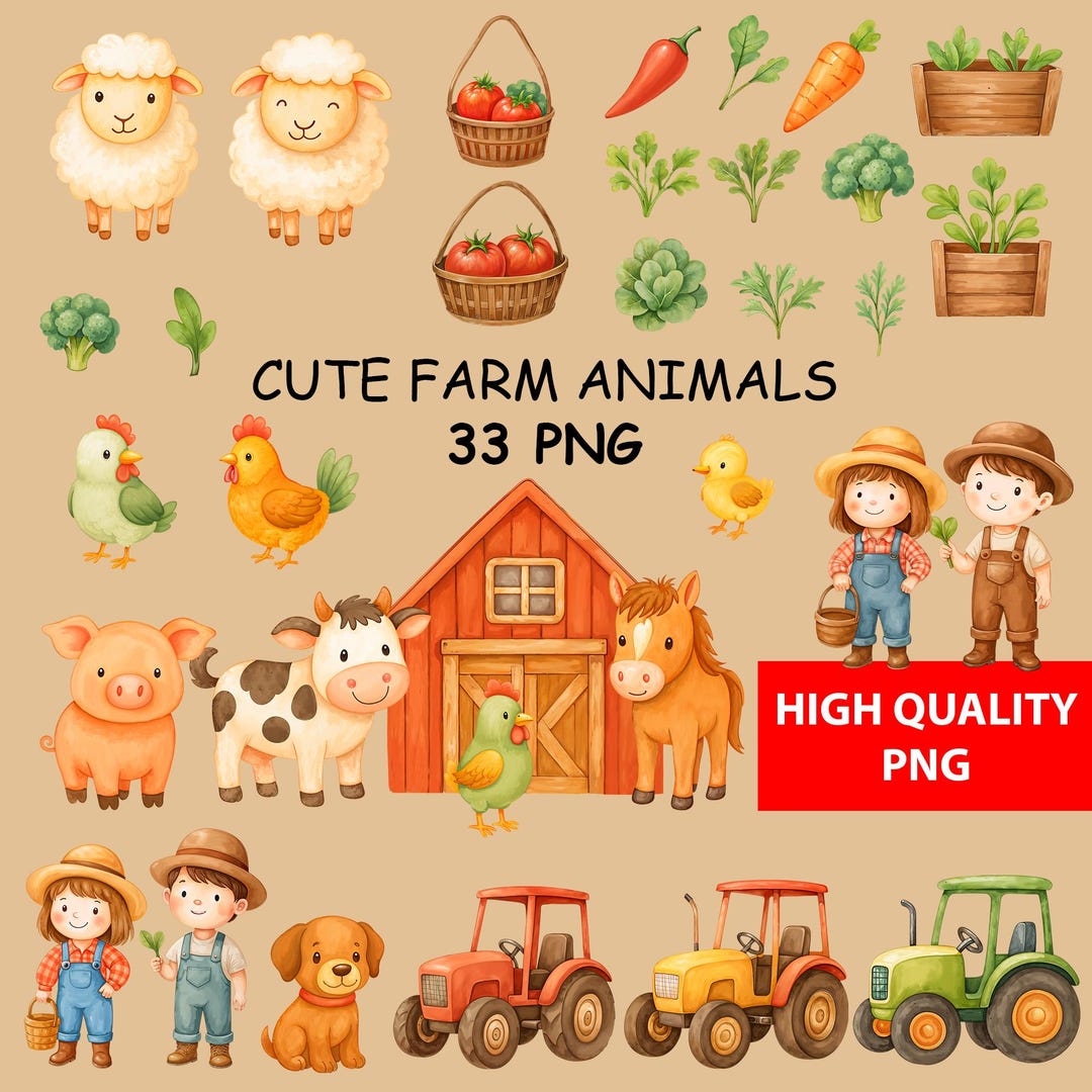 Cute Farm Clipart, Farm Animals Watercolor Digital Clipart, Farm ...