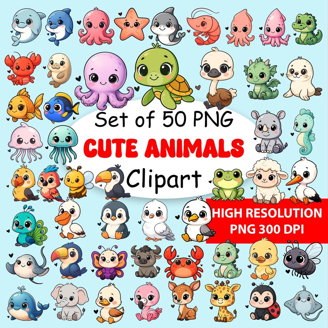 Cute Animals Clipart, Cute Animal PNG Bundle, Wild Animals, Baby ...