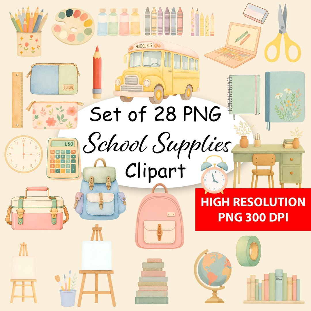 Pastel School Clipart: Back to School PNG Illustrations - Etsy