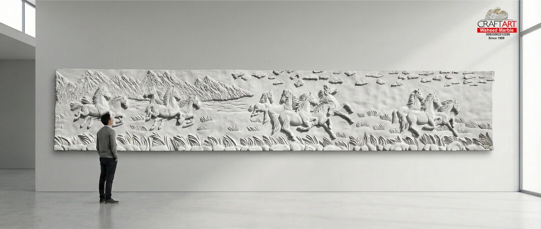 Handcarved Marble Wall Mural – Running Horses & Mountain Scene, Two ...