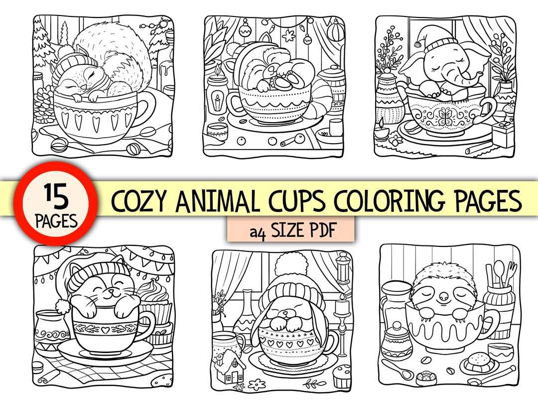 Cozy Animal Cups Coloring Pages | Big and Bold Coloring Page | Kids ...