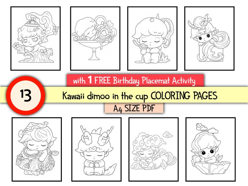 Dimoo Coloring Book: Kawaii Coloring Pages + Placemat (PDF) - Etsy