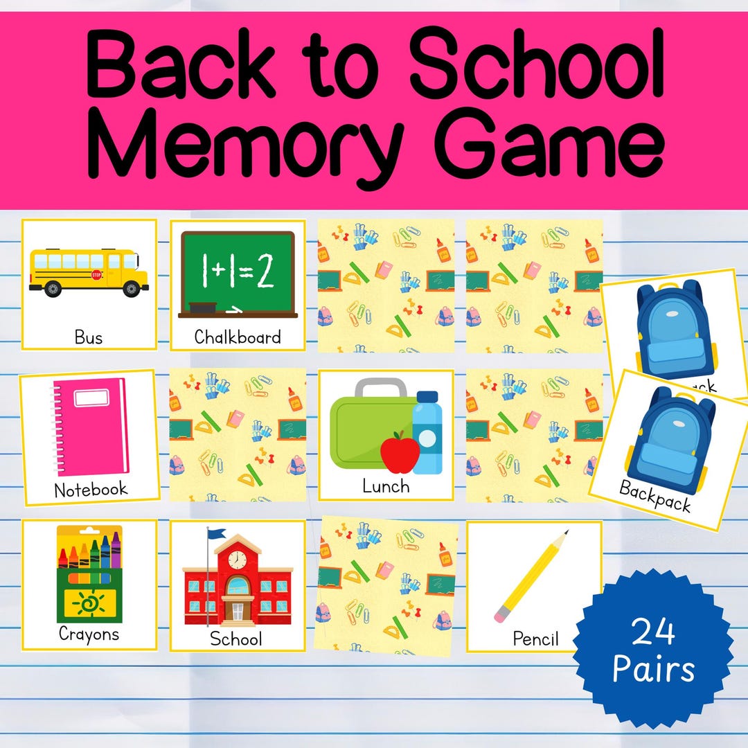 Back to School Memory Game, Back to School Matching Game, Memory Games ...