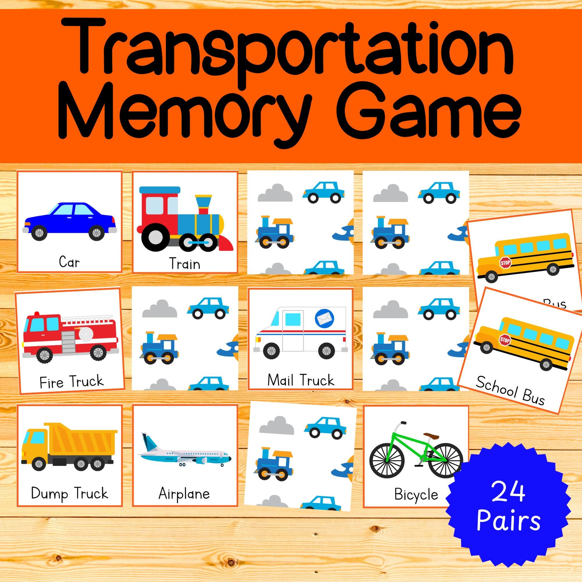 Transportation Memory Game, Vehicle Matching Game, Memory Games for ...