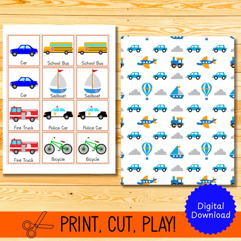 Transportation Memory Game, Vehicle Matching Game, Memory Games for ...