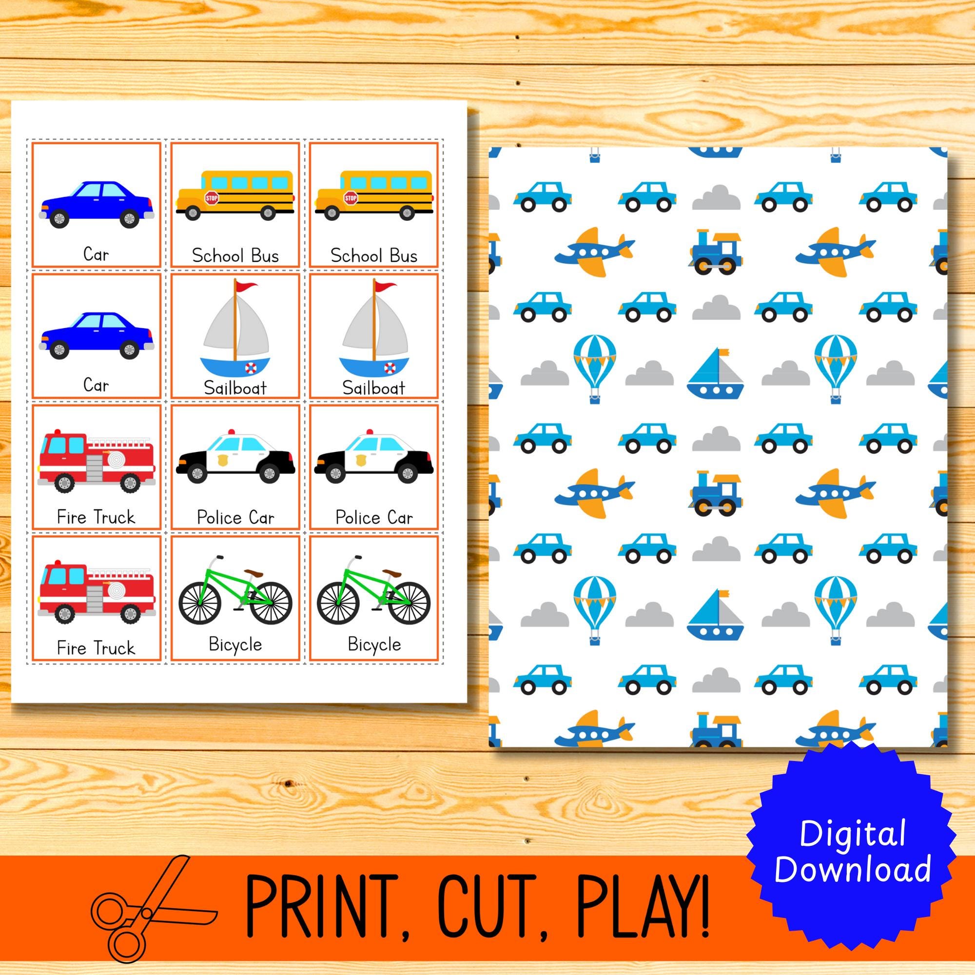 Transportation Memory Game, Vehicle Matching Game, Memory Games for ...