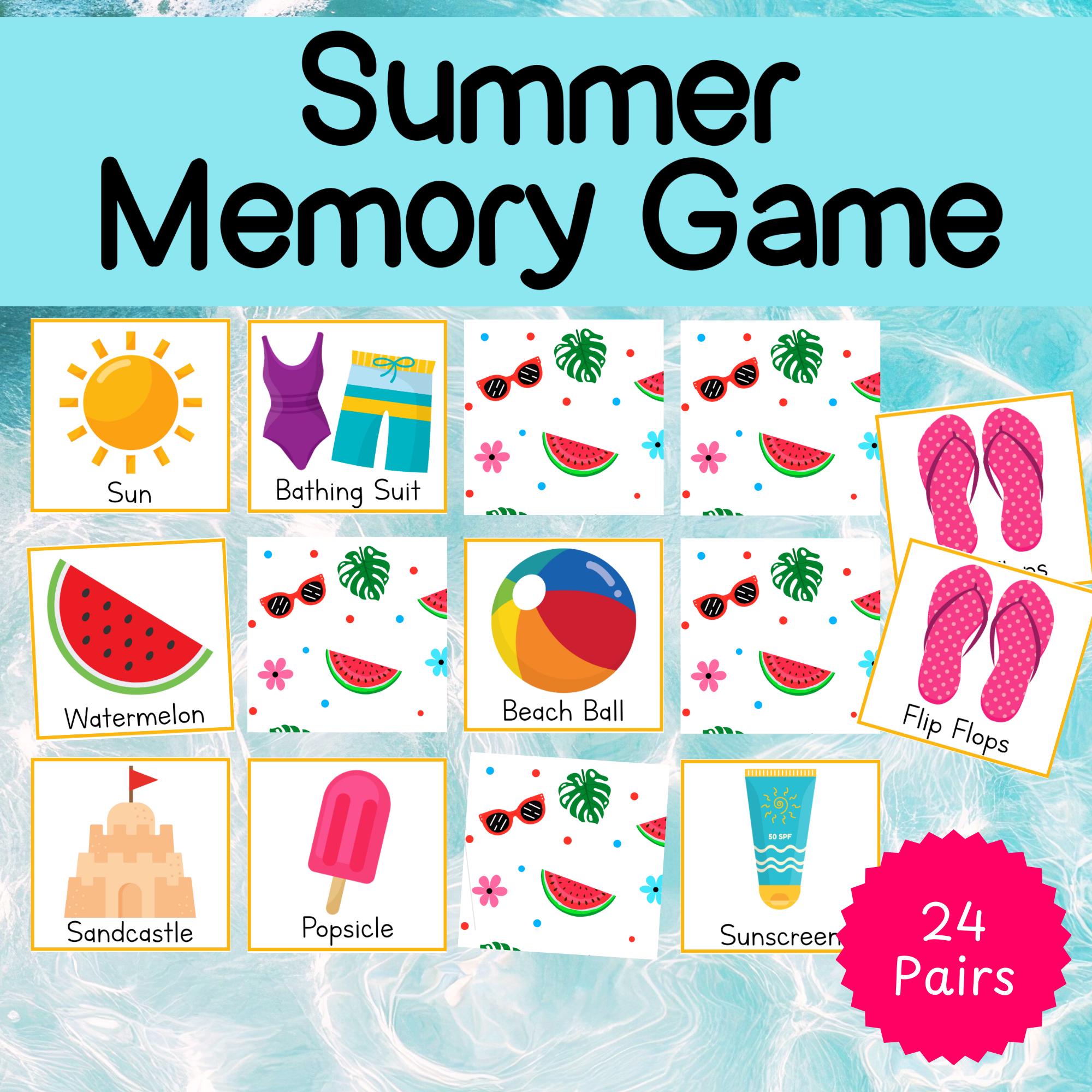 Summer Memory Game, Summer Matching Game, Memory Games for Kids, Beach ...
