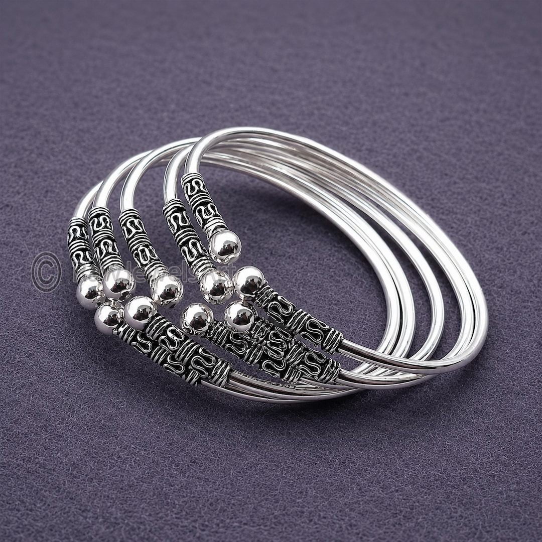 Sterling Silver West Indian Bangle Set, Oxidized Ball Bracelet ...