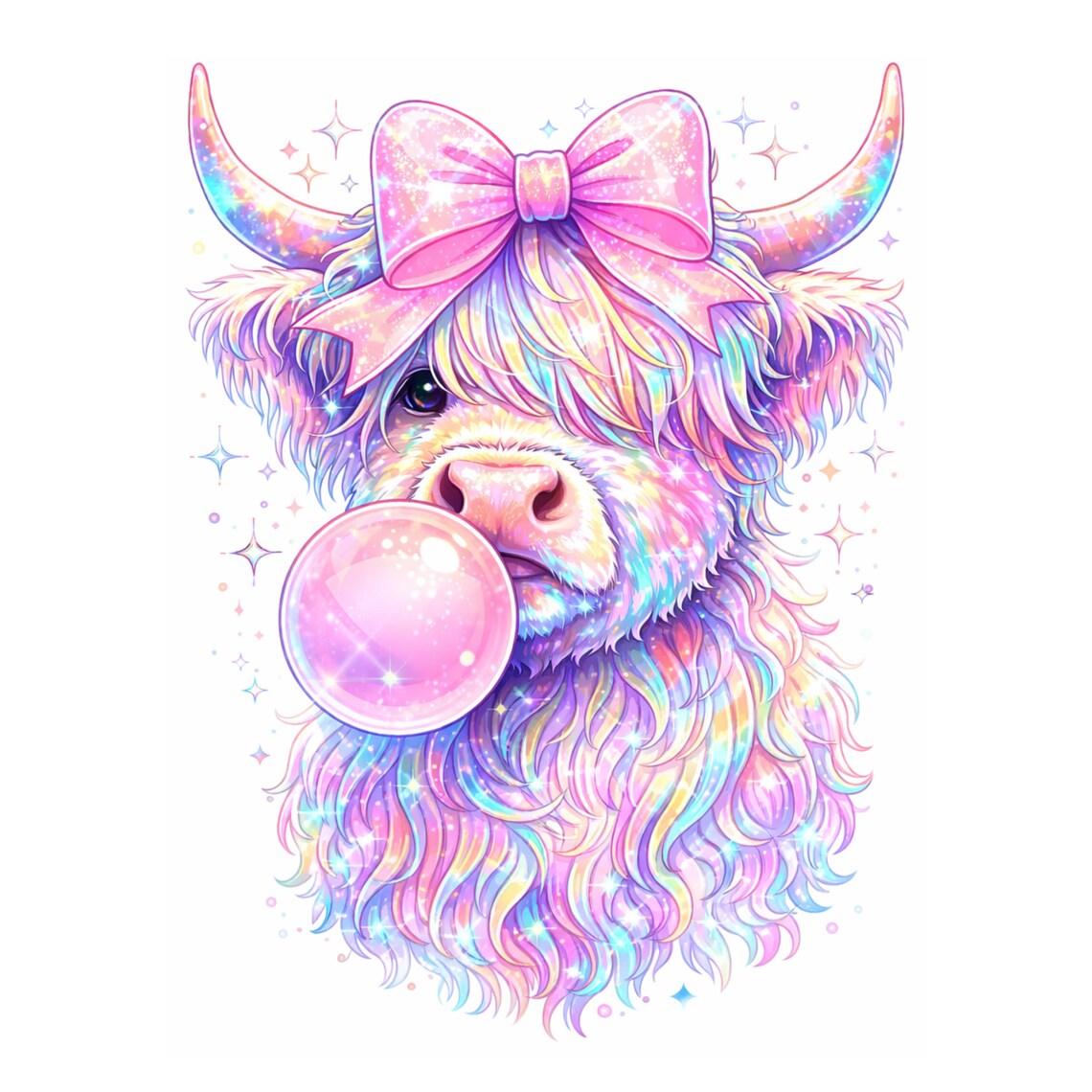 Coquette Highland Cow PNG, Holographic Bubblegum, T-shirt Design ...