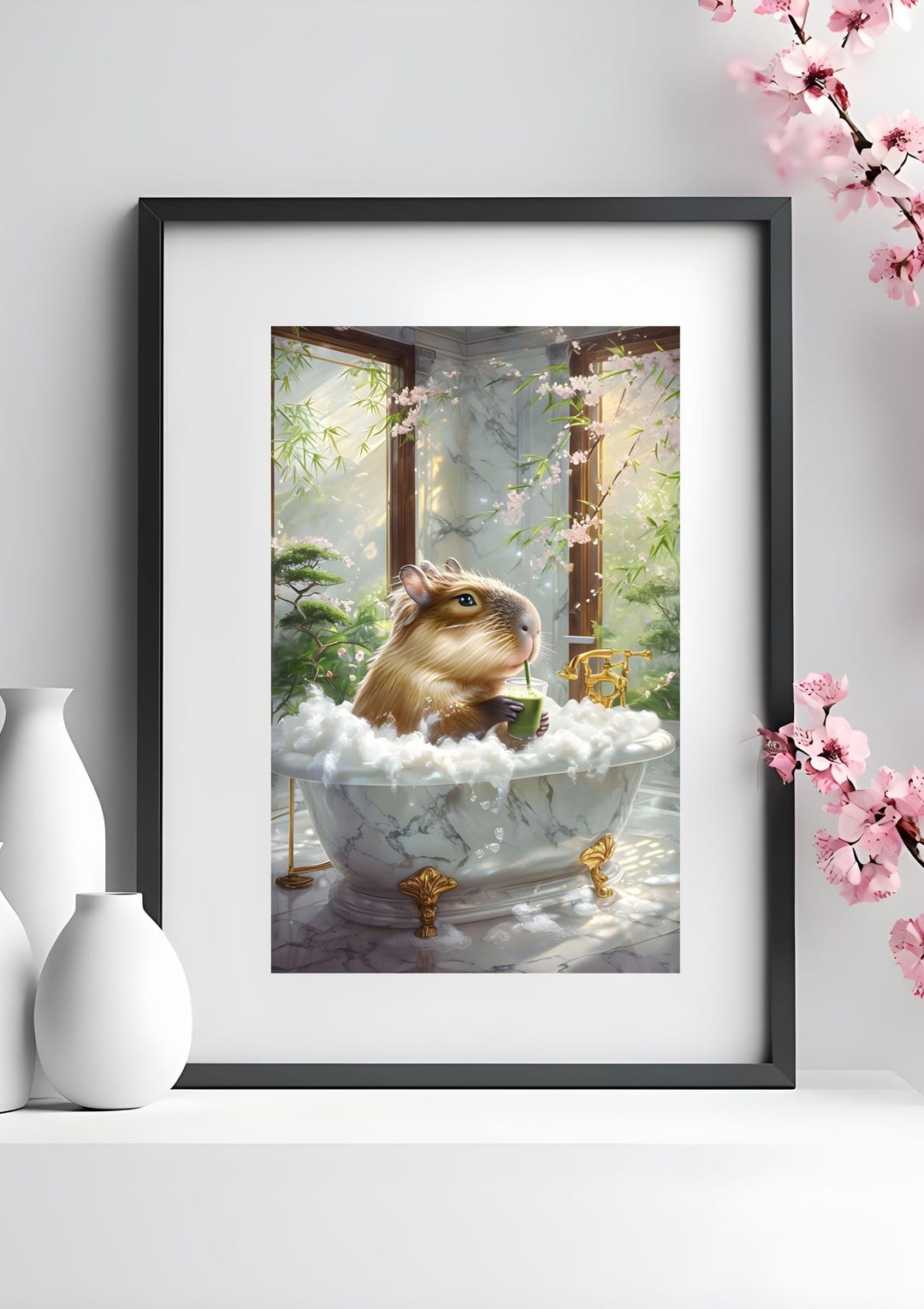 Cozy Capybara Digital Wall Art – Cute Capy in Bubble Bath Drinking ...