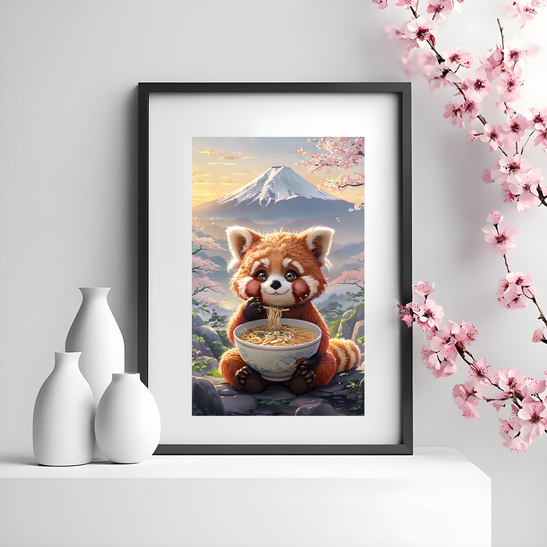 Japanese Red Panda Ramen Digital Wall Art, Mount Fuji Zen Print, Kawaii ...