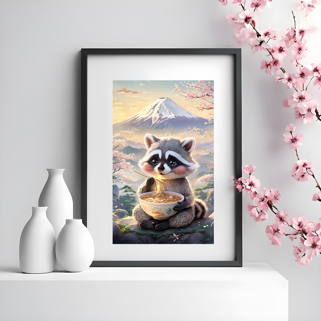 Japanese Raccoon Ramen Digital Wall Art, Mount Fuji Zen Print,kawaii ...