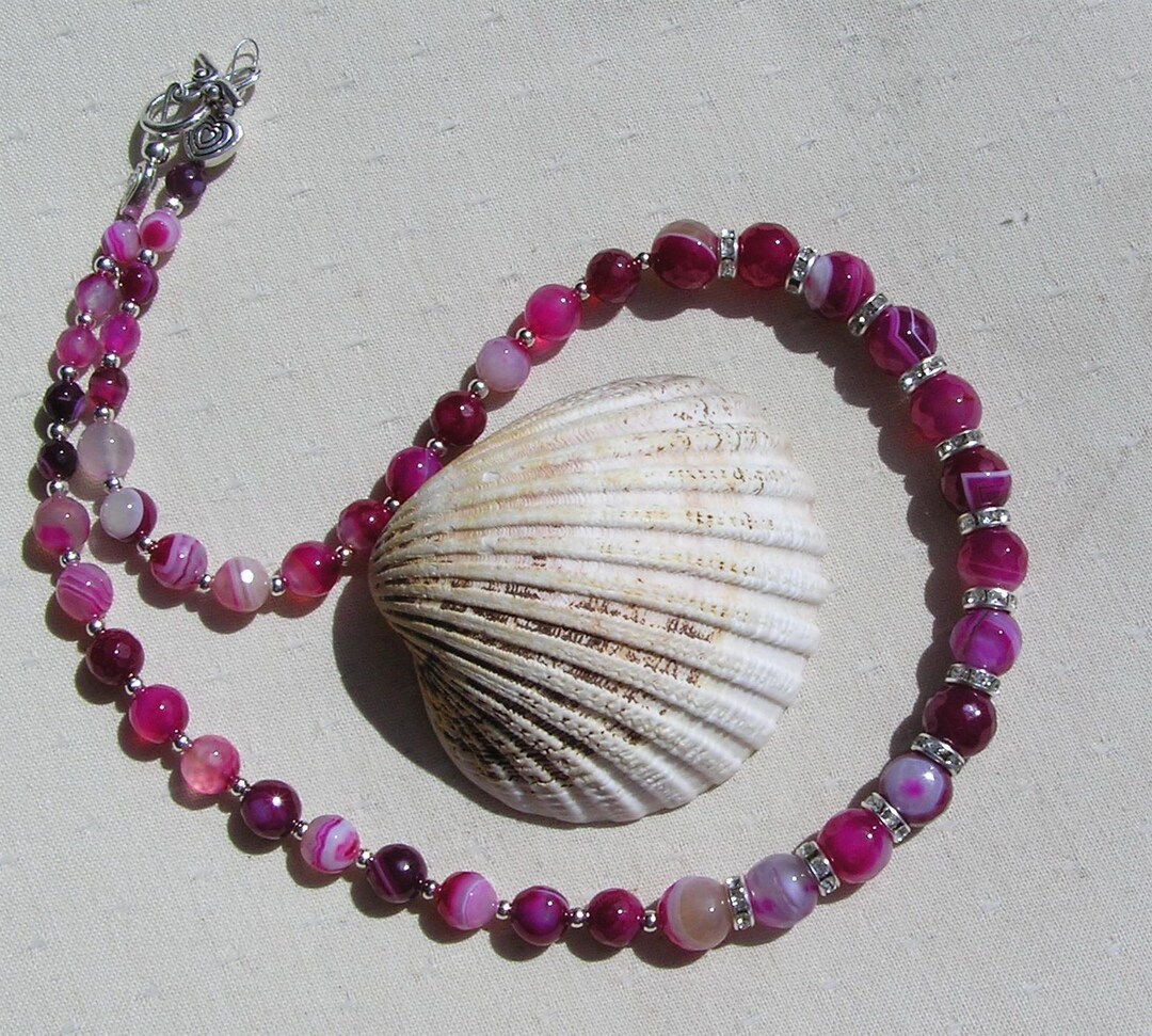 Magenta Pink Agate Gemstone Beaded Chakra Chunky Necklace "magenta Joy ...