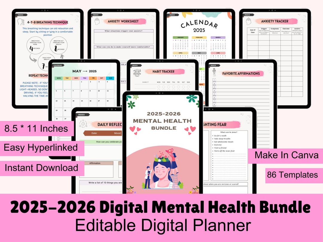 2025 Mental Health Planner Bundle, Self-care Digital Journal, Printable ...