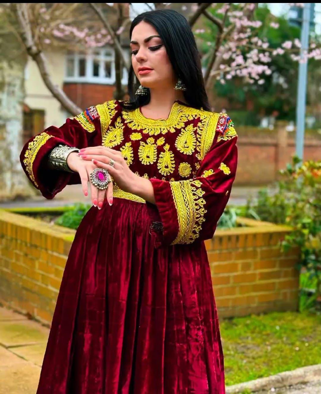 Noble Afghani Handmade Velvet Dress – Maroon Traditional Cultural Gown ...