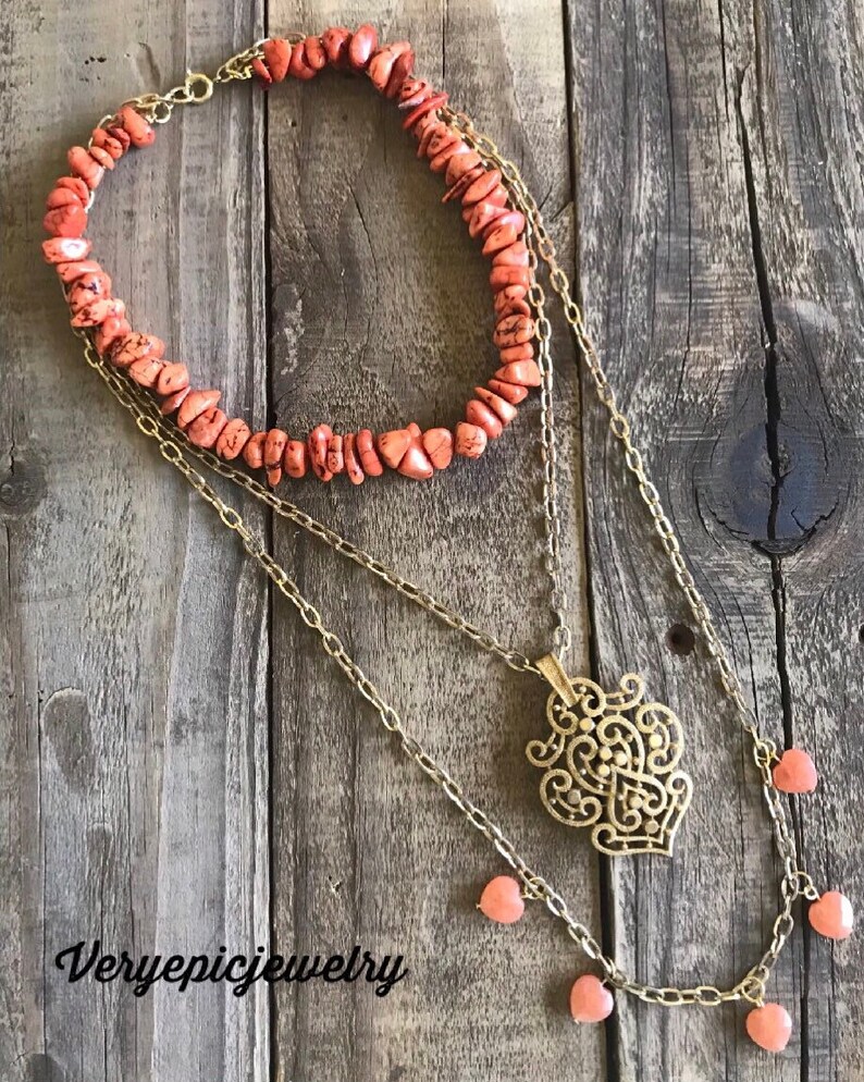 Boho Necklace, Peach Colored Gemstones, Bohemian Necklace, Beaded ...