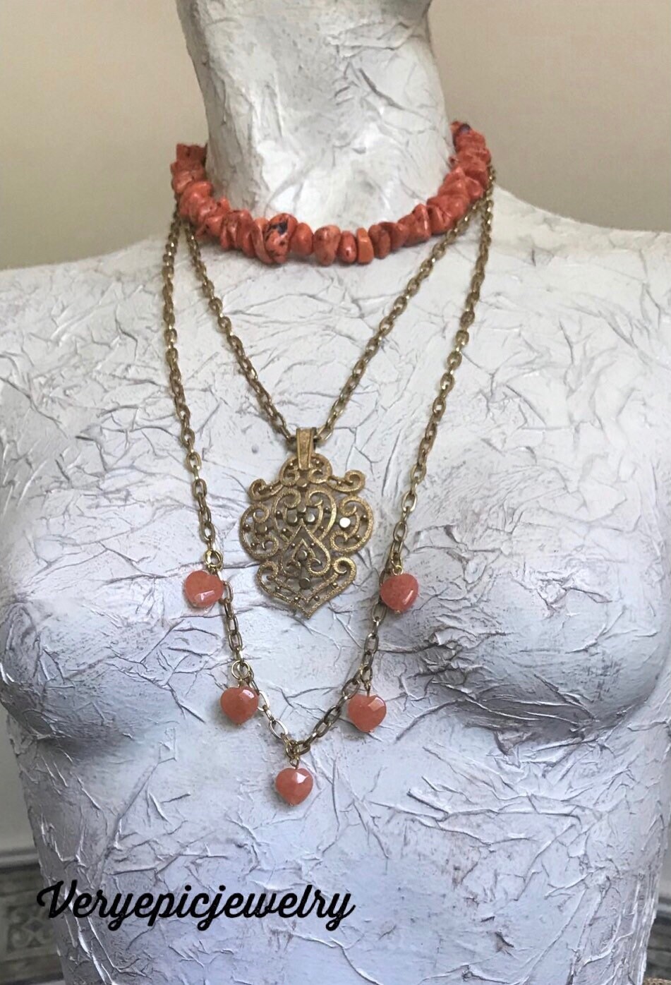 Boho Necklace Peach Colored Gemstones Bohemian Necklace | Etsy