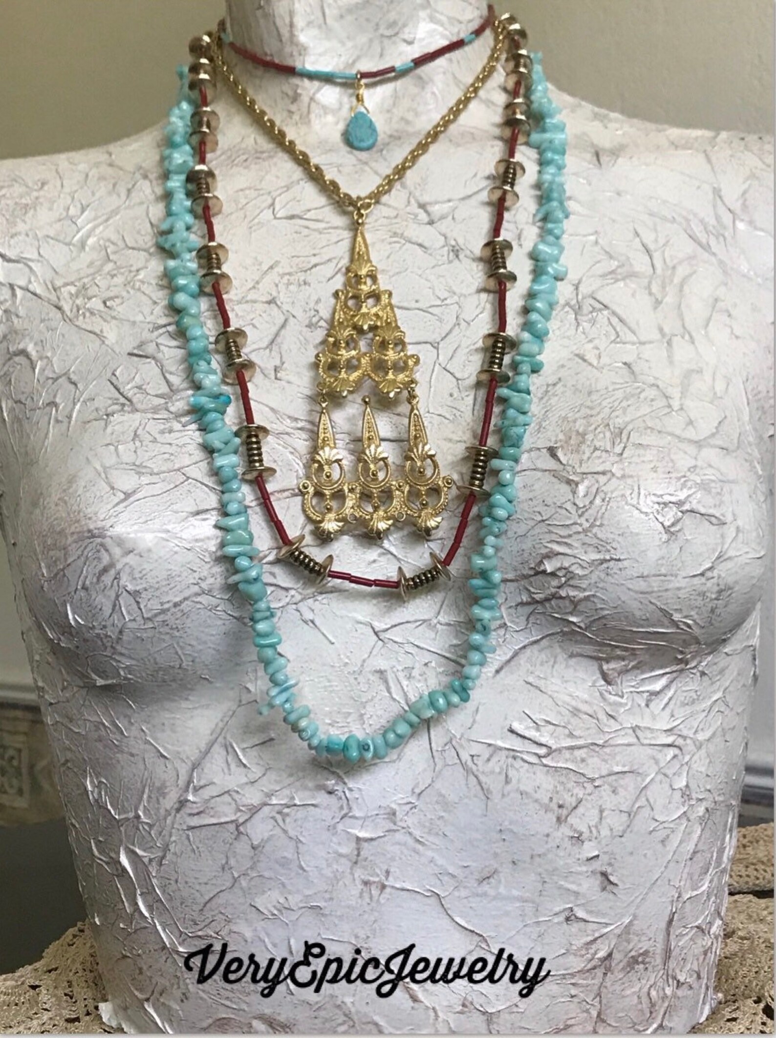 Bohemian Layered Necklace, Boho Gypsy Queen Necklace, Filigree Pendant ...