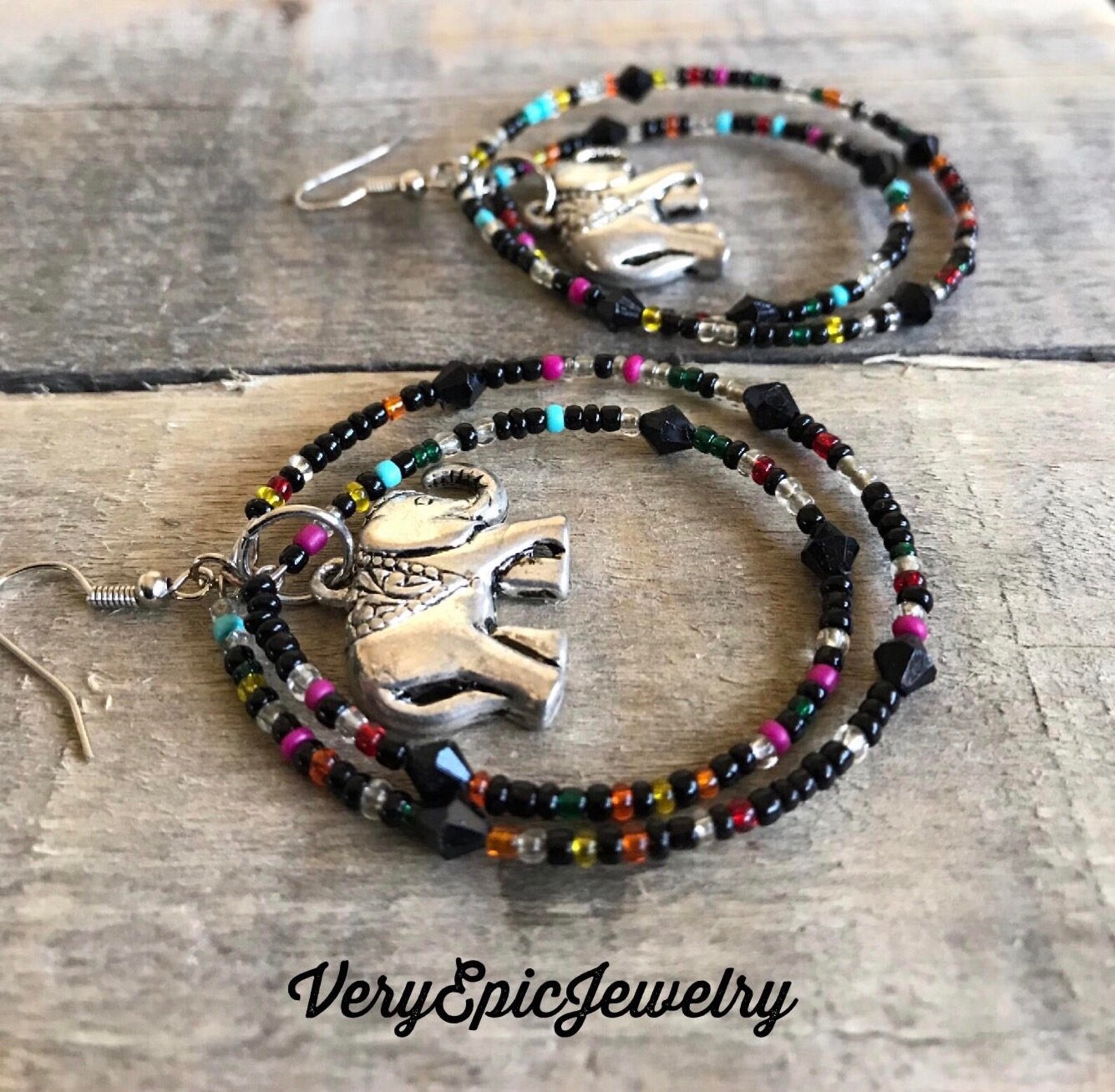 Boho Gypsy Elephant Earrings, Beaded Hoop Earrings, Colorful Bead ...