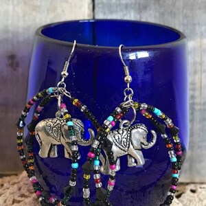 Boho Gypsy Elephant Earrings, Beaded Hoop Earrings, Colorful Bead ...